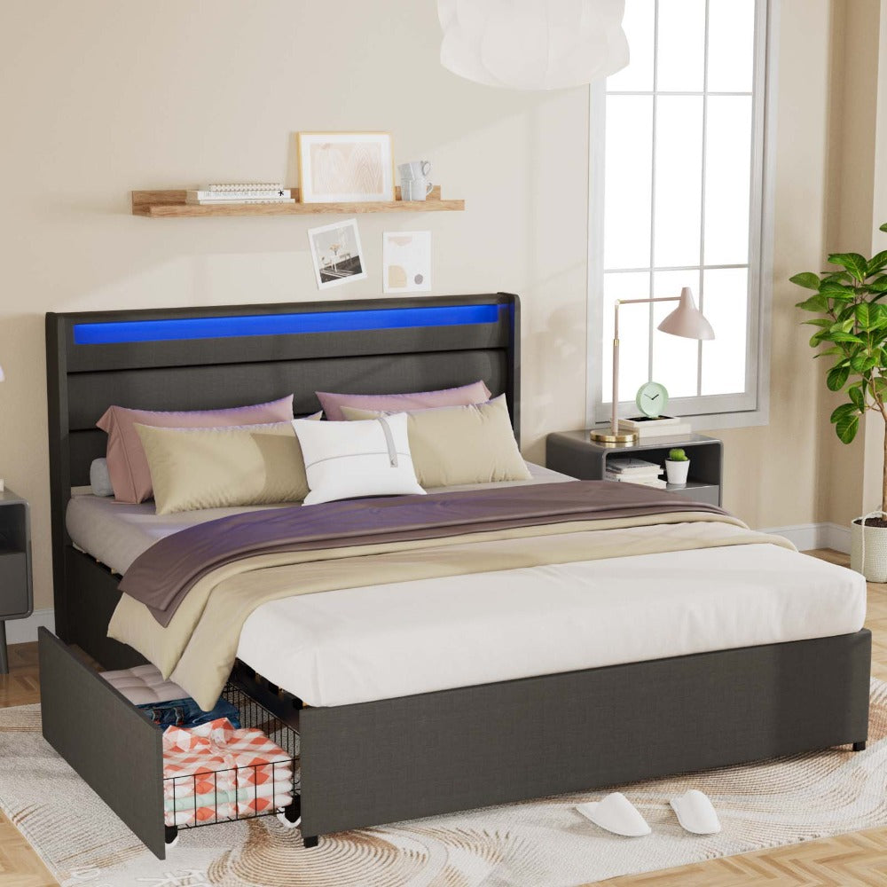 Queen Size Bed Frame with RGBW LED Lights, Upholstered Headboard & 4 S ...