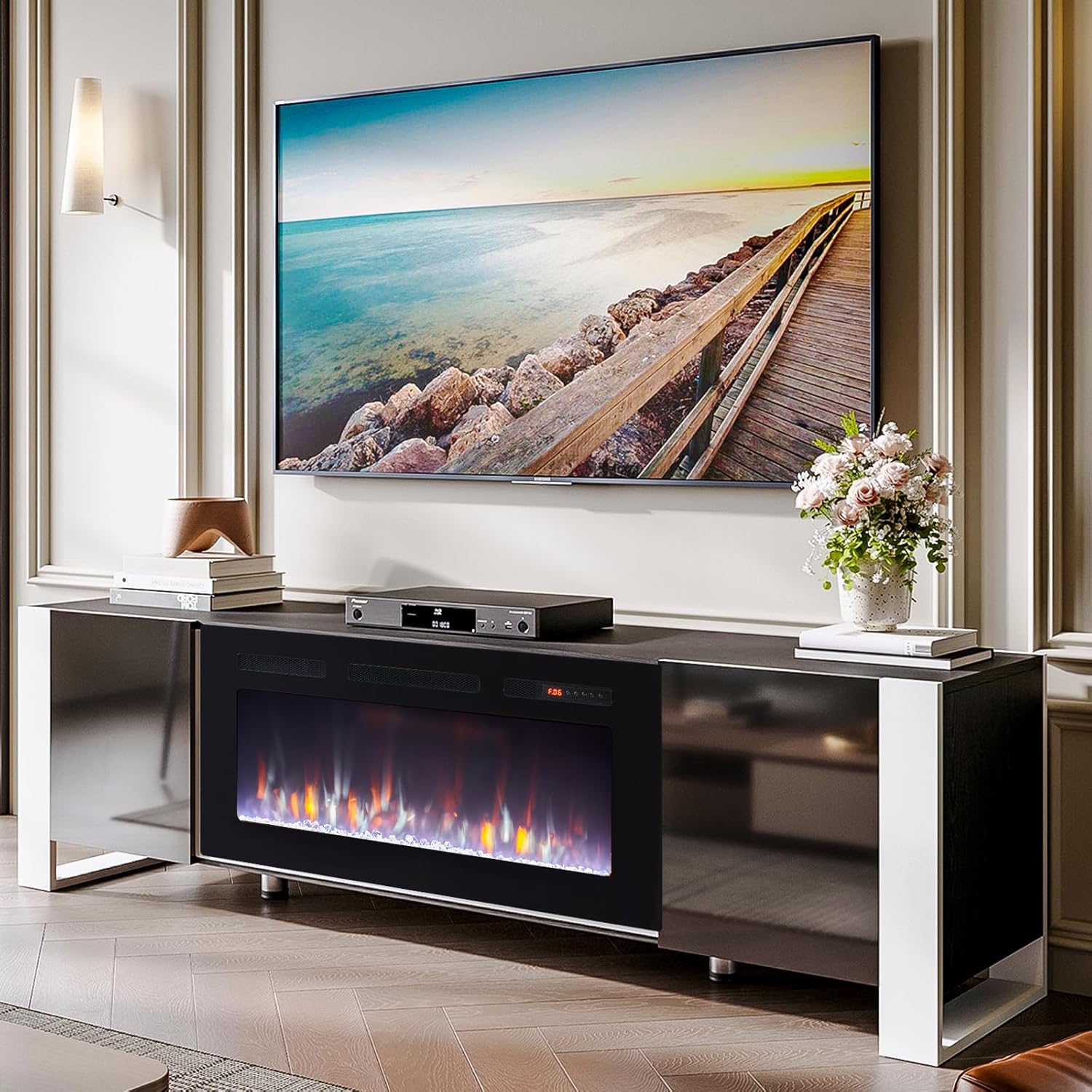 70 U Shaped Adjustable Legs Fireplace TV Stand with Cabinet ONEINMIL