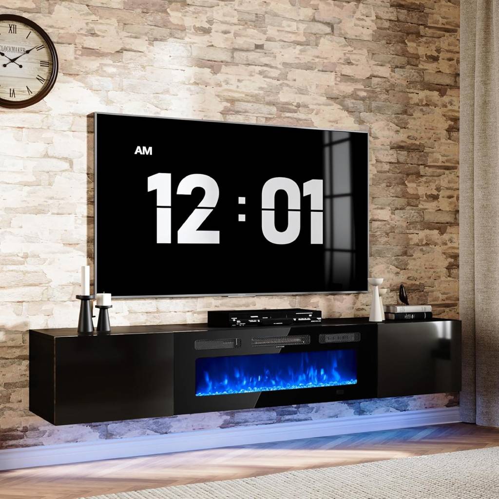 Floating tv stand above fireplace store